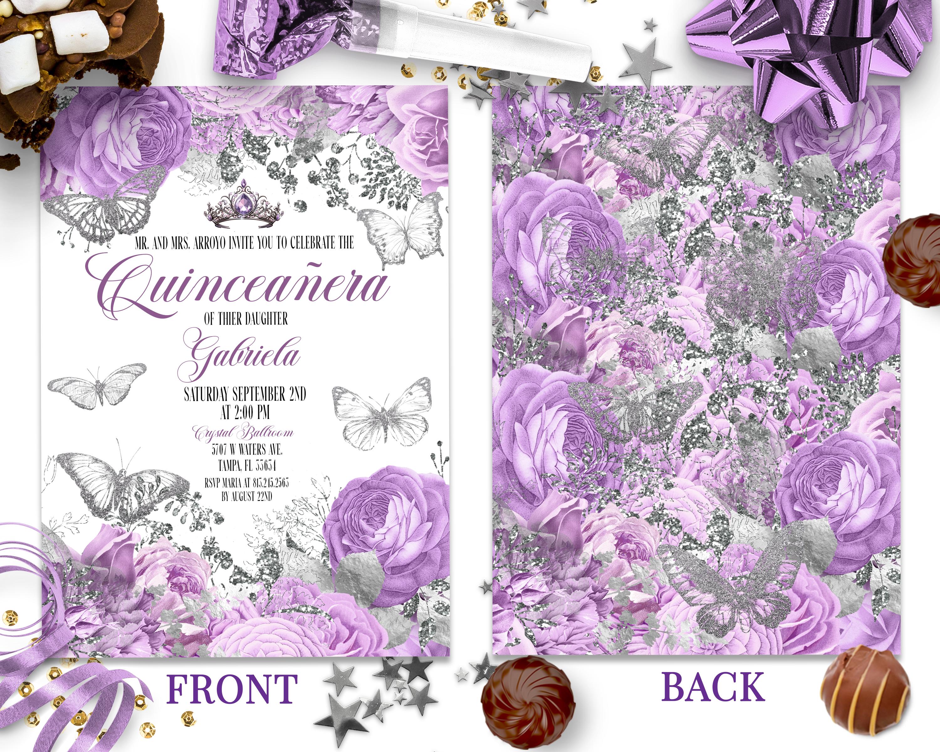 Lilac Quinceanera Invitation Light Purple Flowers and Silver ...