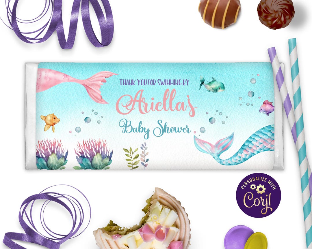 Mermaid Baby Shower Candy Bar Wrappers Watercolor Mermaid Tails Decor ...