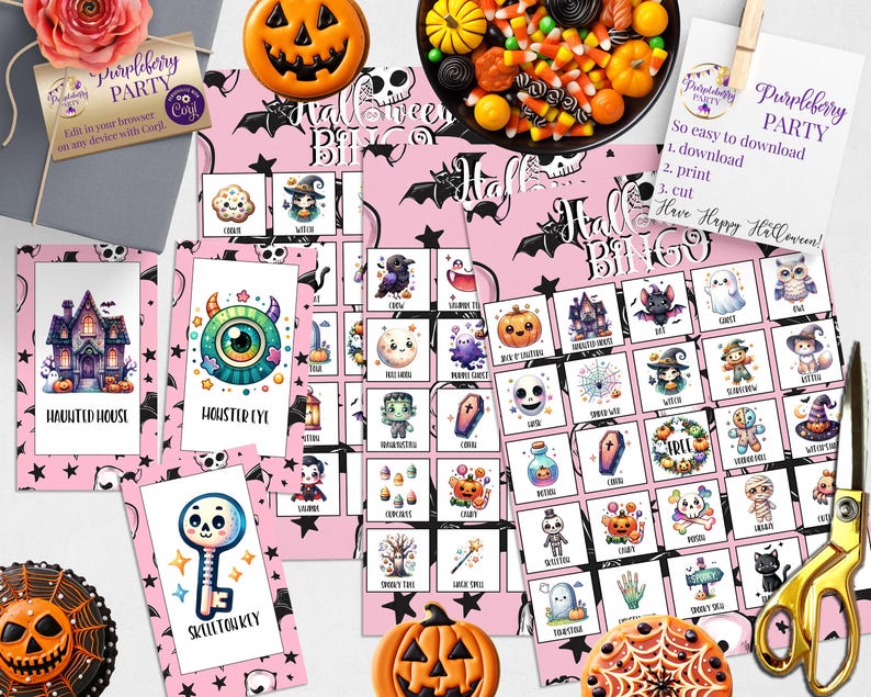 Pink Halloween Bingo Game Sheets and Halloween Game Calling Cards ...