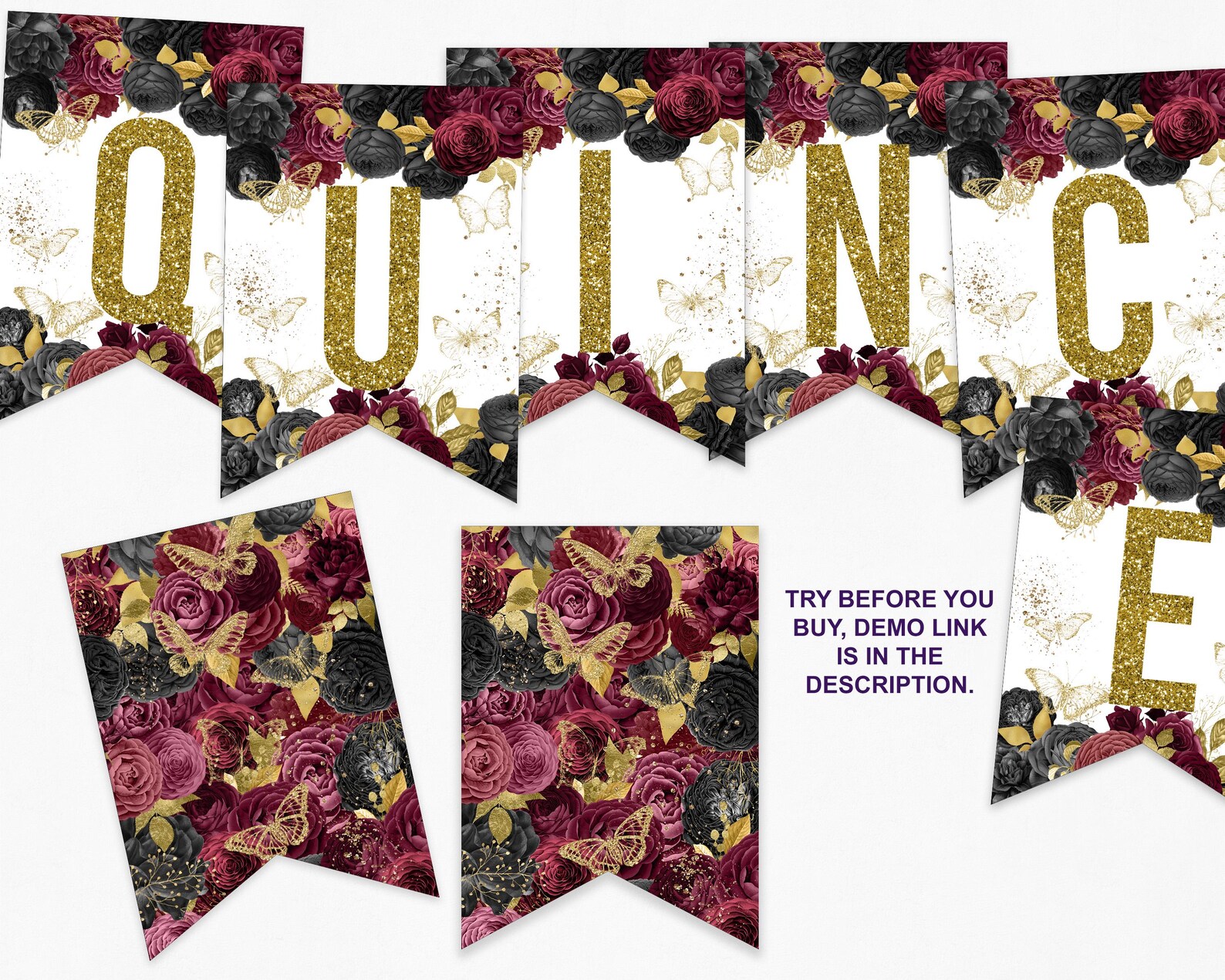 Editable Burgundy & Black Flowers Quinceanera Banner Gold Butterflies ...