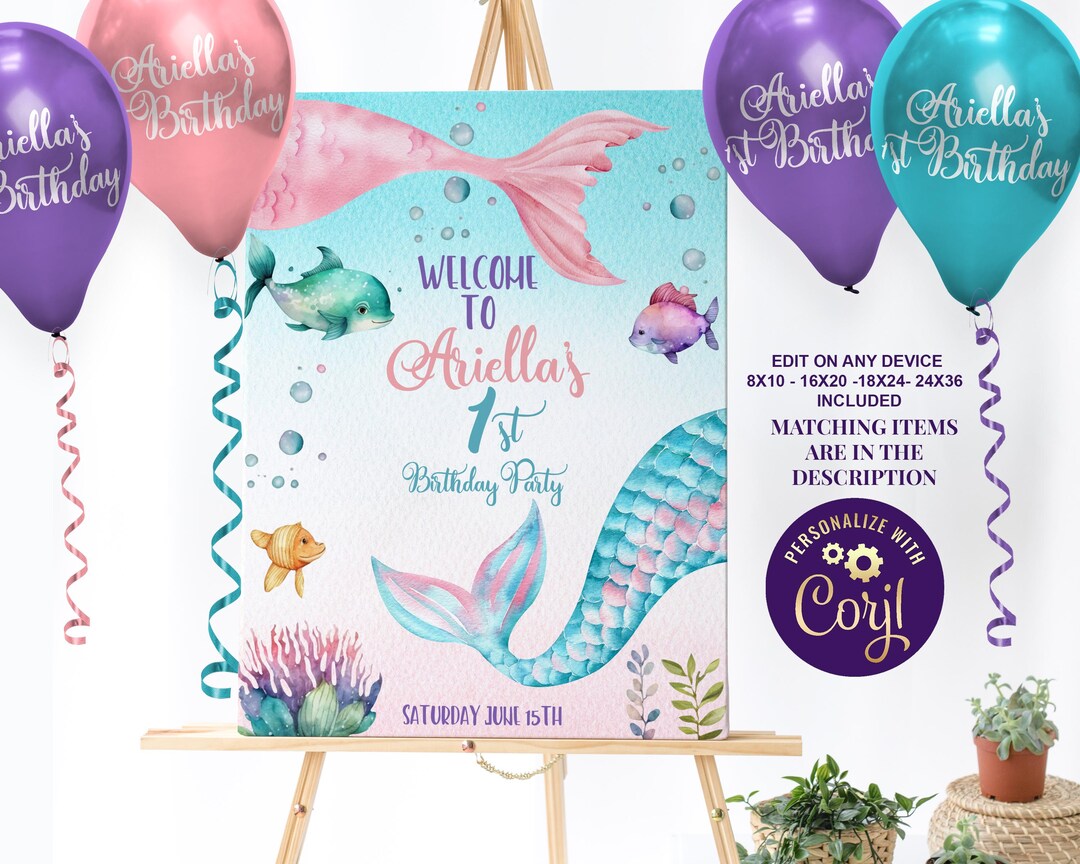 Editable Mermaid 1st Birthday Welcome Sign Mermaid First Birthday Party ...