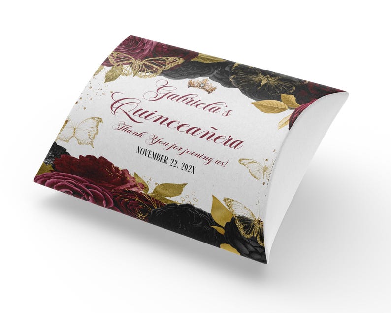 Editable Burgundy and Black Quinceanera Favor Box Flowers Gold ...