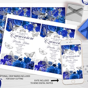 Royal Blue Quinceanera Invitations Blue Roses and Silver Butterflies ...
