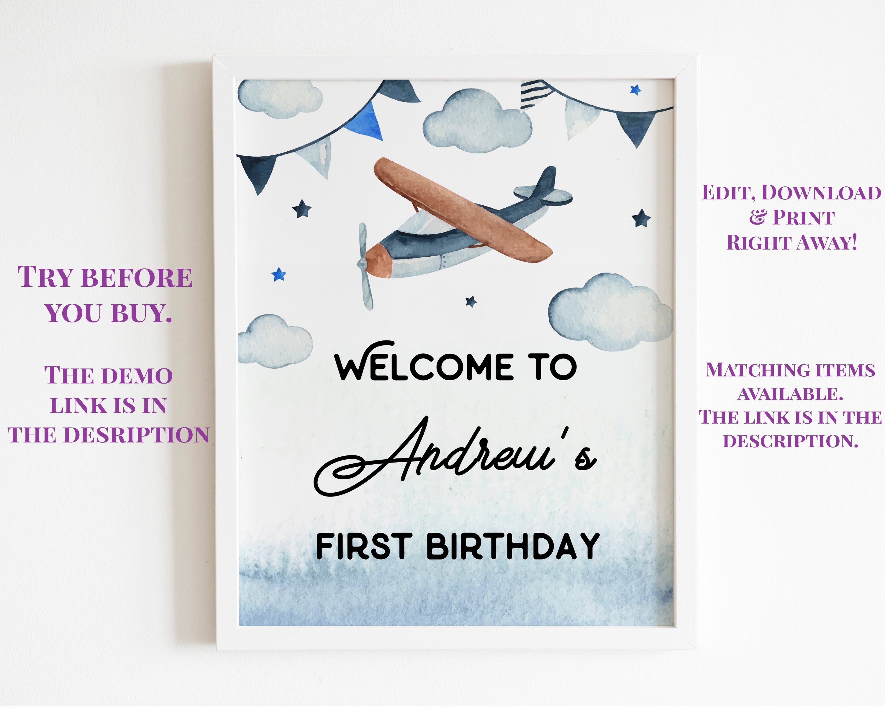 Editable Airplane Birthday Welcome Sign Airplane Party Decor | Etsy