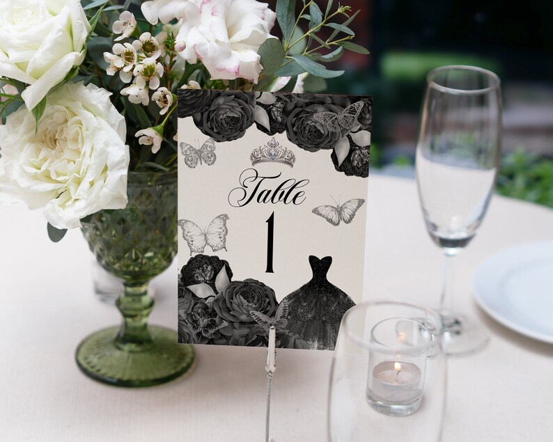 Quinceanera Table Numbers Black Roses and Silver Butterflies Quince ...