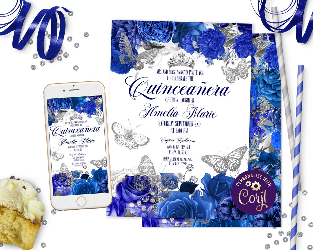 Royal Blue Quinceanera Invitations Blue Roses and Silver Butterflies ...