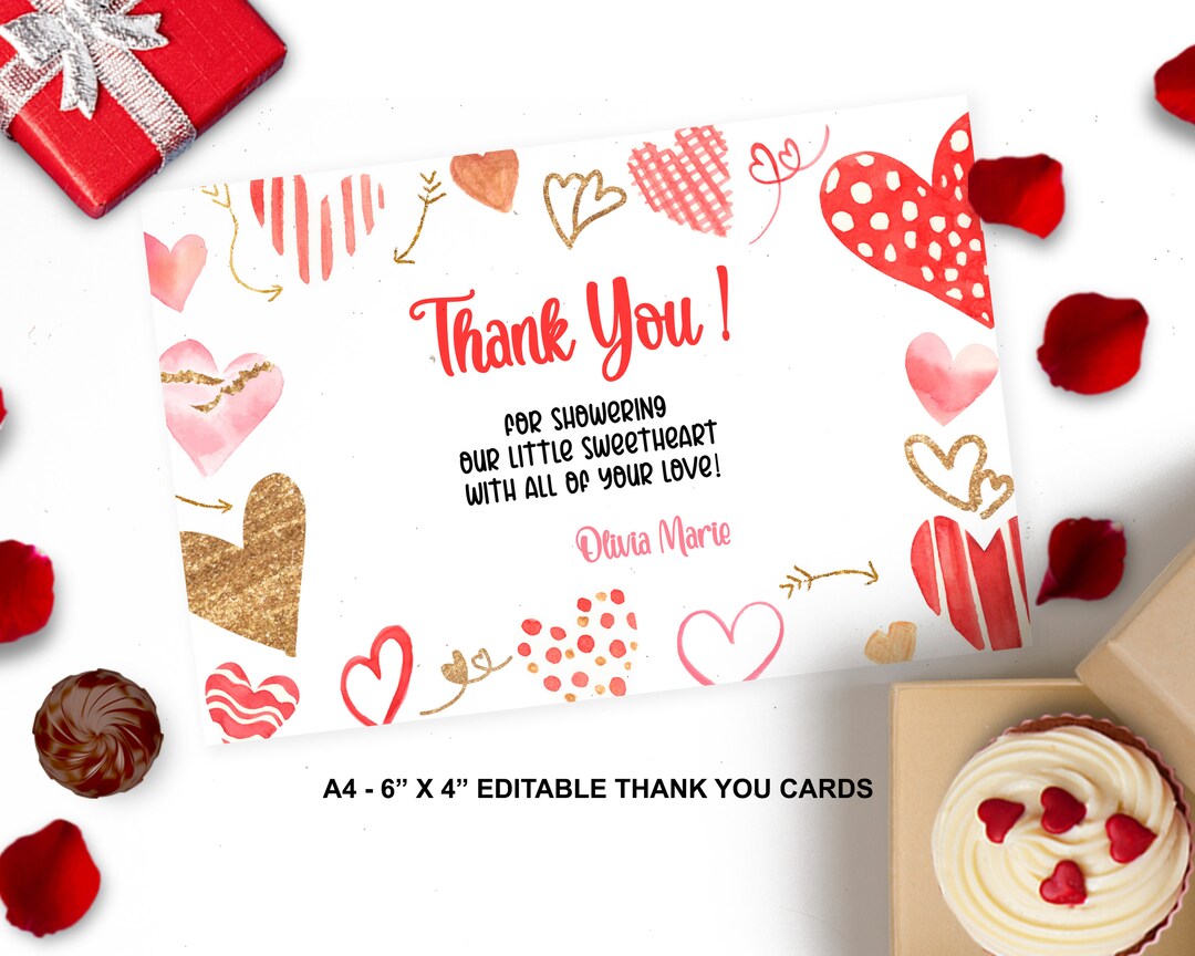 Editable Valentines Day Thank You Cards Heart Baby Shower Thank You ...