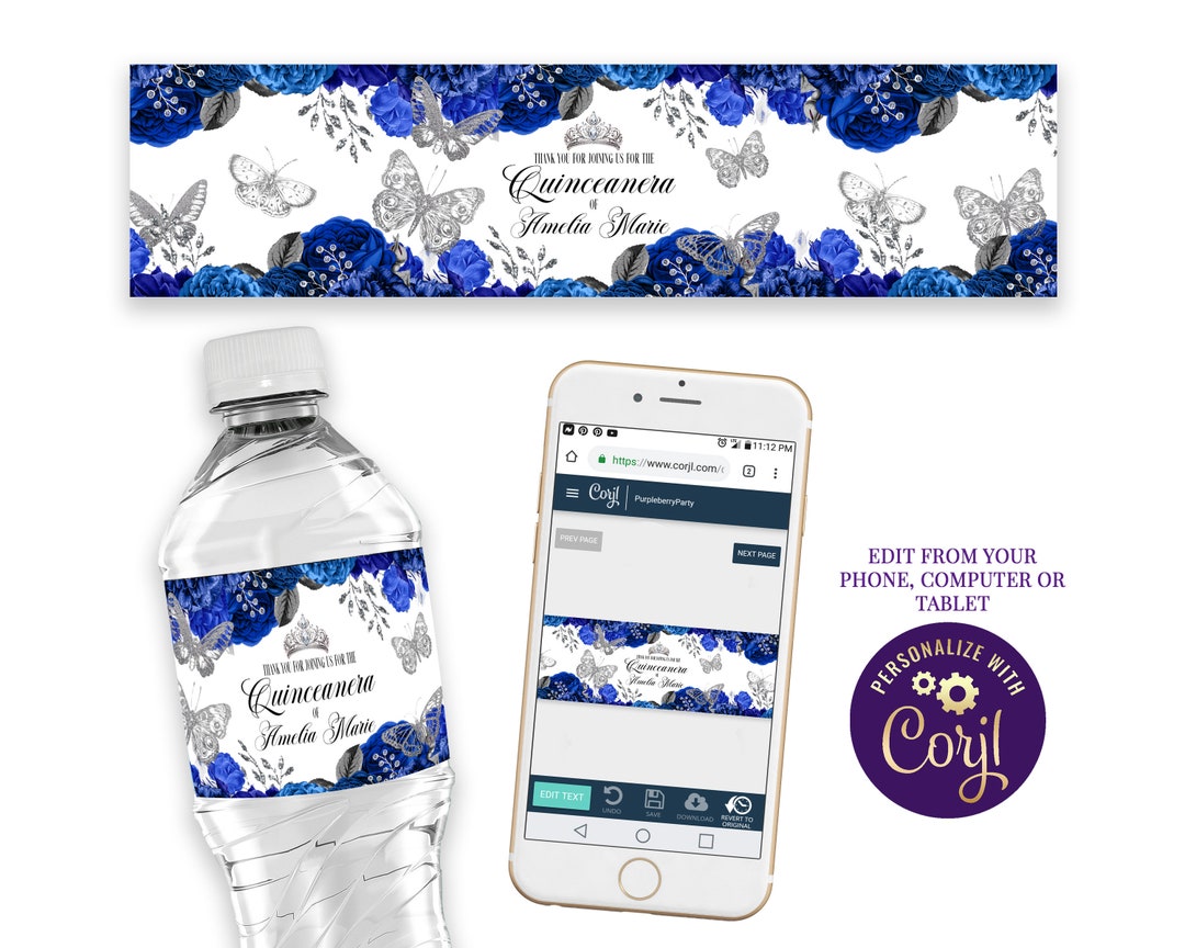 Royal Blue Quinceanera Water Bottle Labels Blue Roses and Silver ...