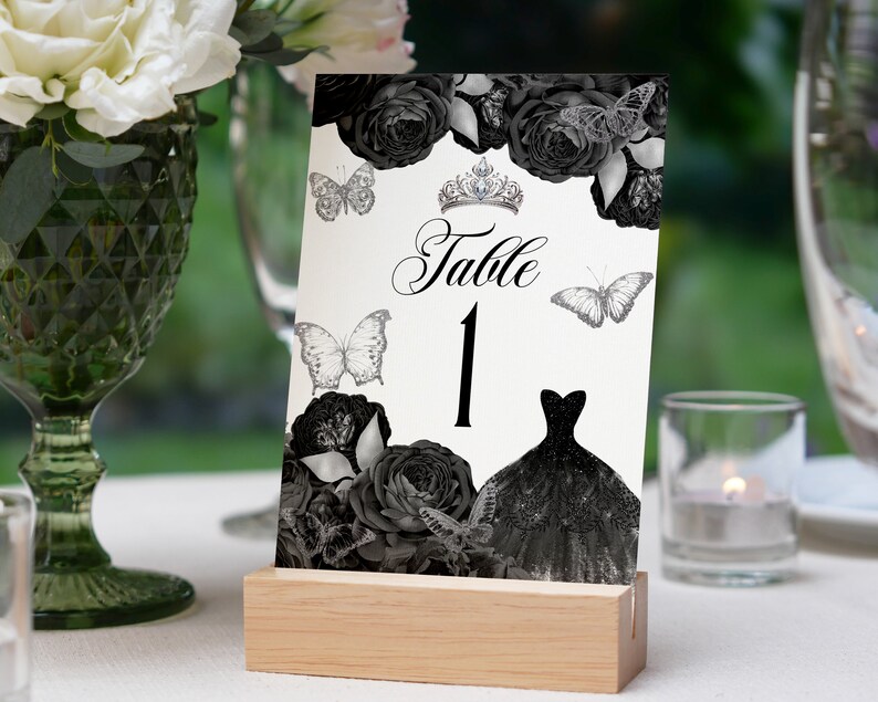 Quinceanera Table Numbers Black Roses and Silver Butterflies Quince ...