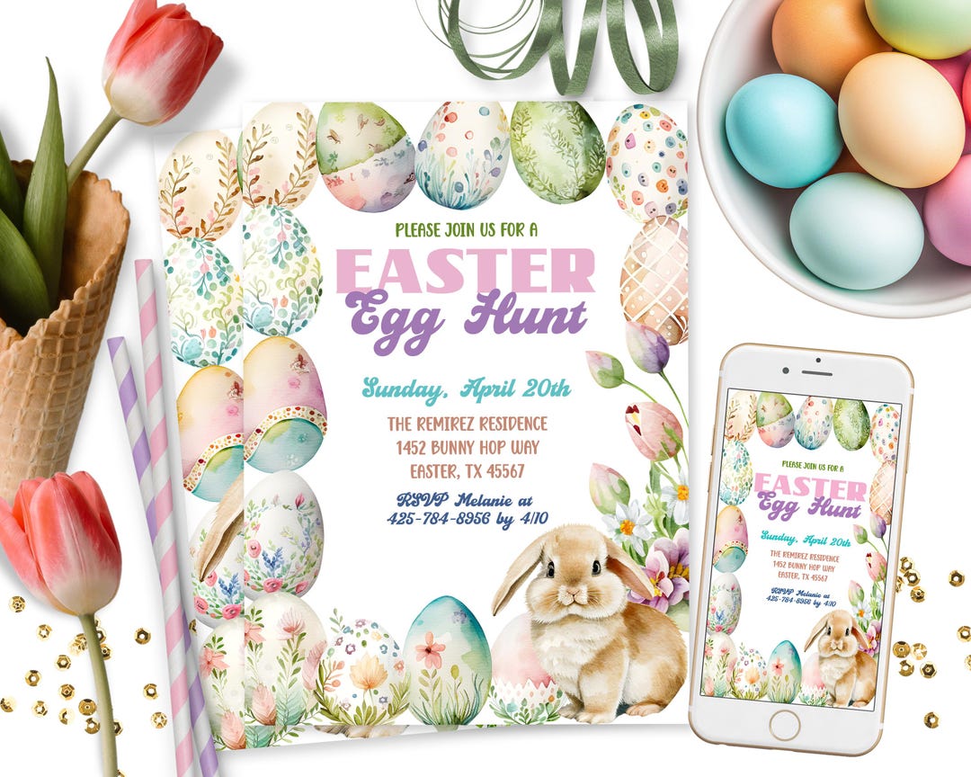 Editable Easter Egg Hunt Invitation Painted Eggs and Easter Bunny ...