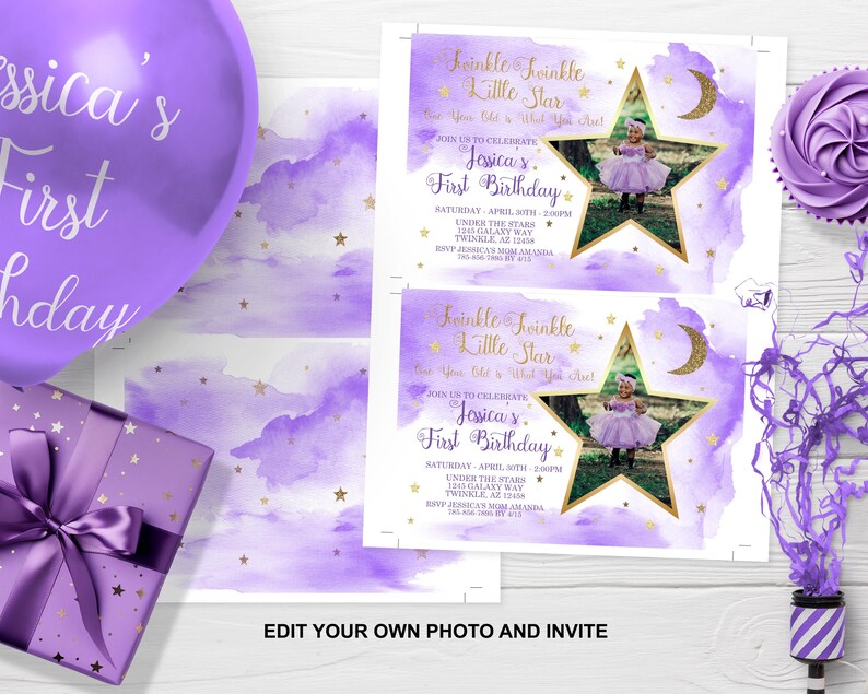 Purple Twinkle Little Star First Birthday Photo Invitation Lilac Purple ...