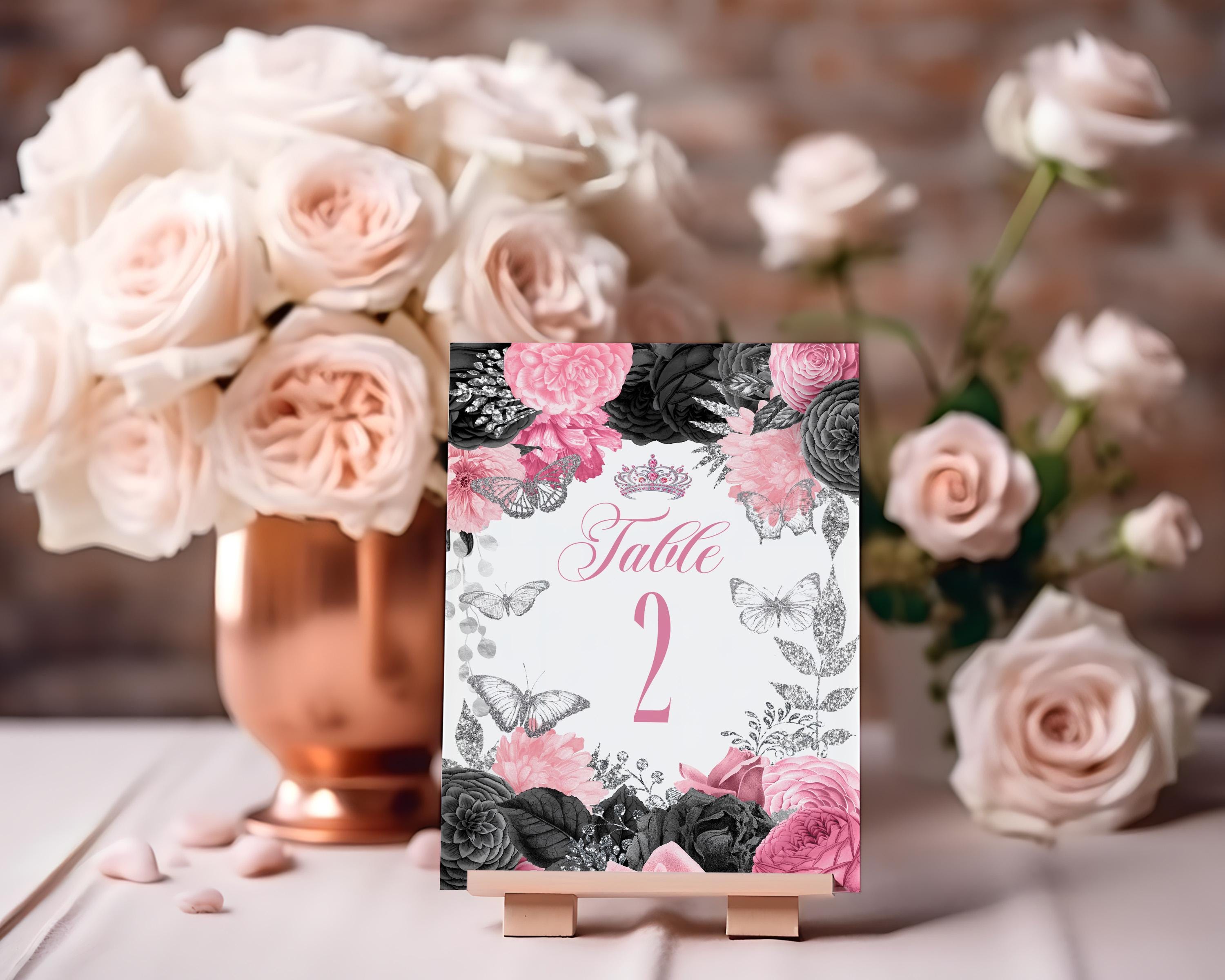 Editable Pink Black Quinceanera Table Numbers Pink Black Flowers Silver ...