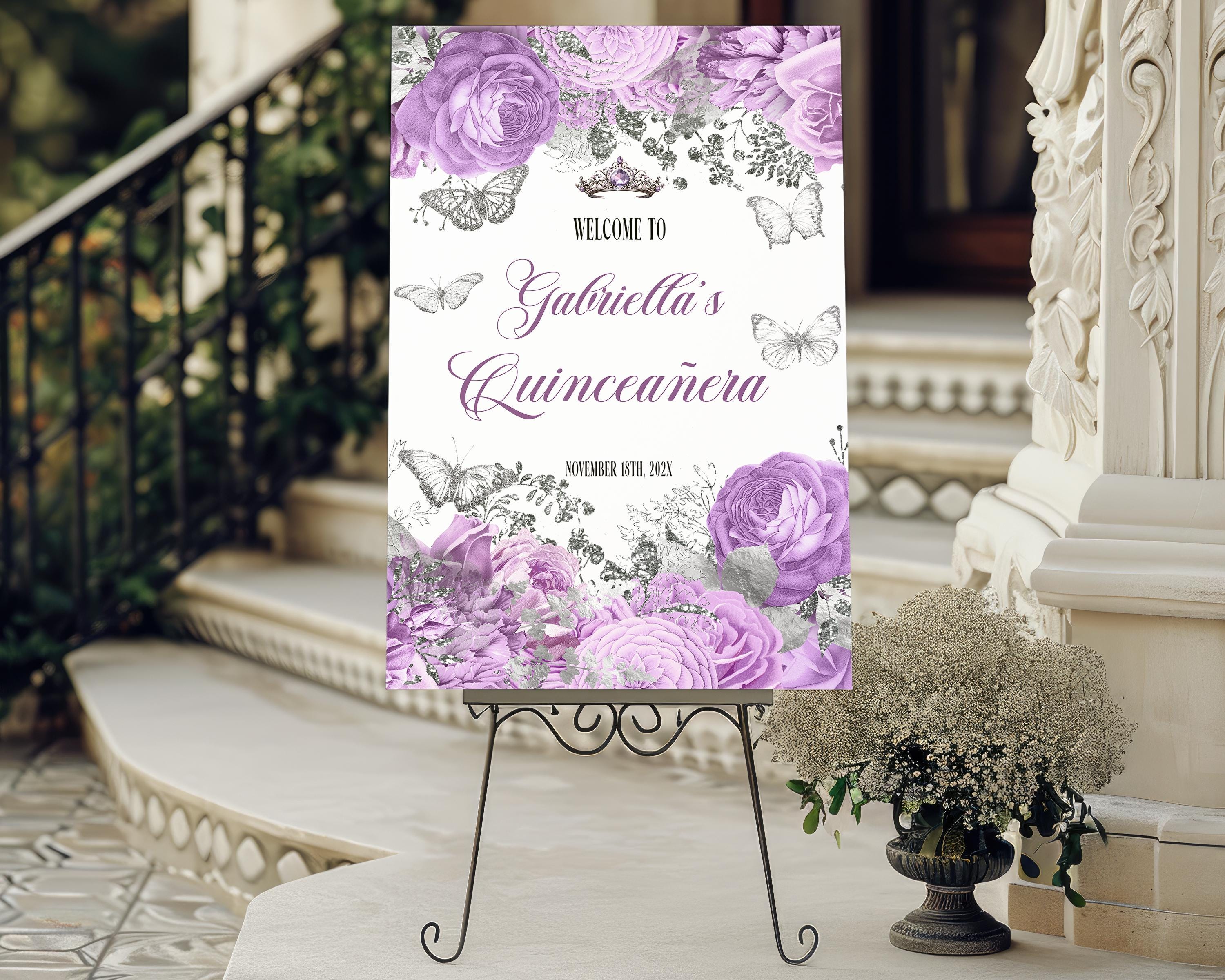 Editable Lilac Quinceanera Welcome Sign Lilac Purple Flowers and Silver ...
