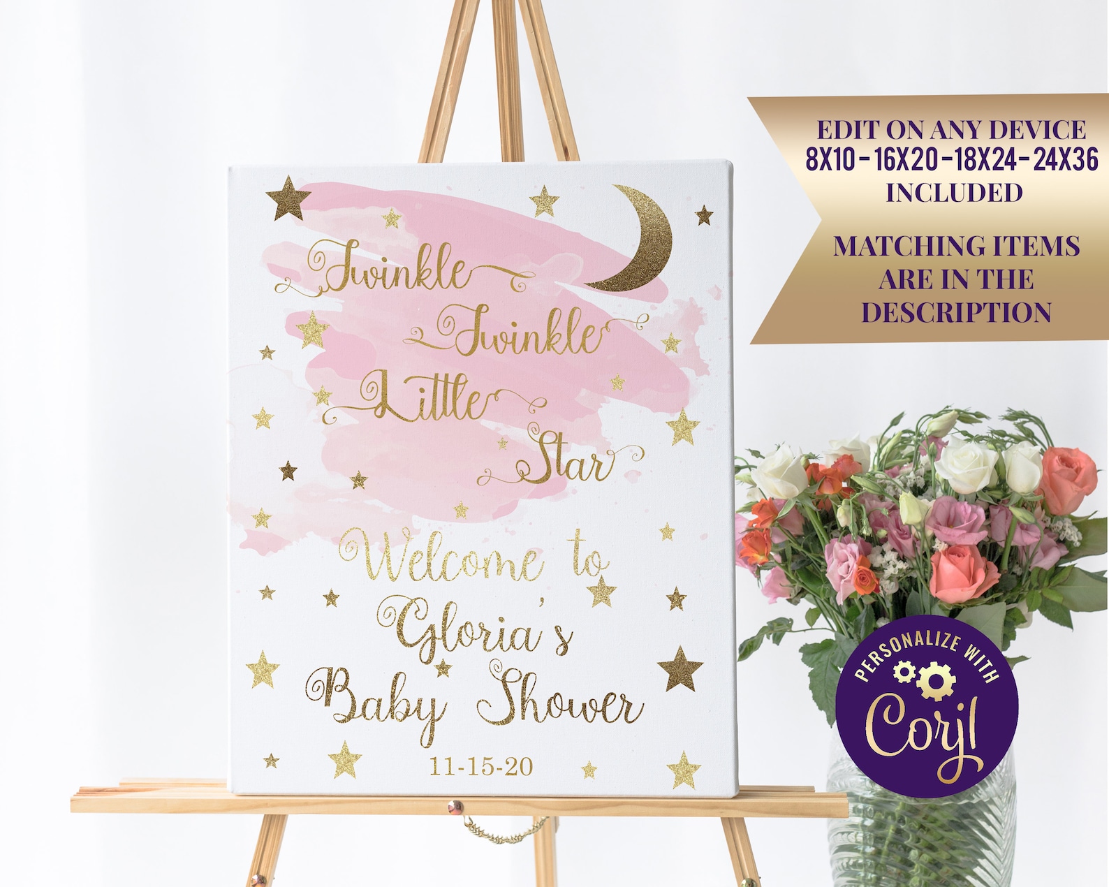 Twinkle Twinkle Little Star Baby Shower Welcome Sign Pink, Editable ...