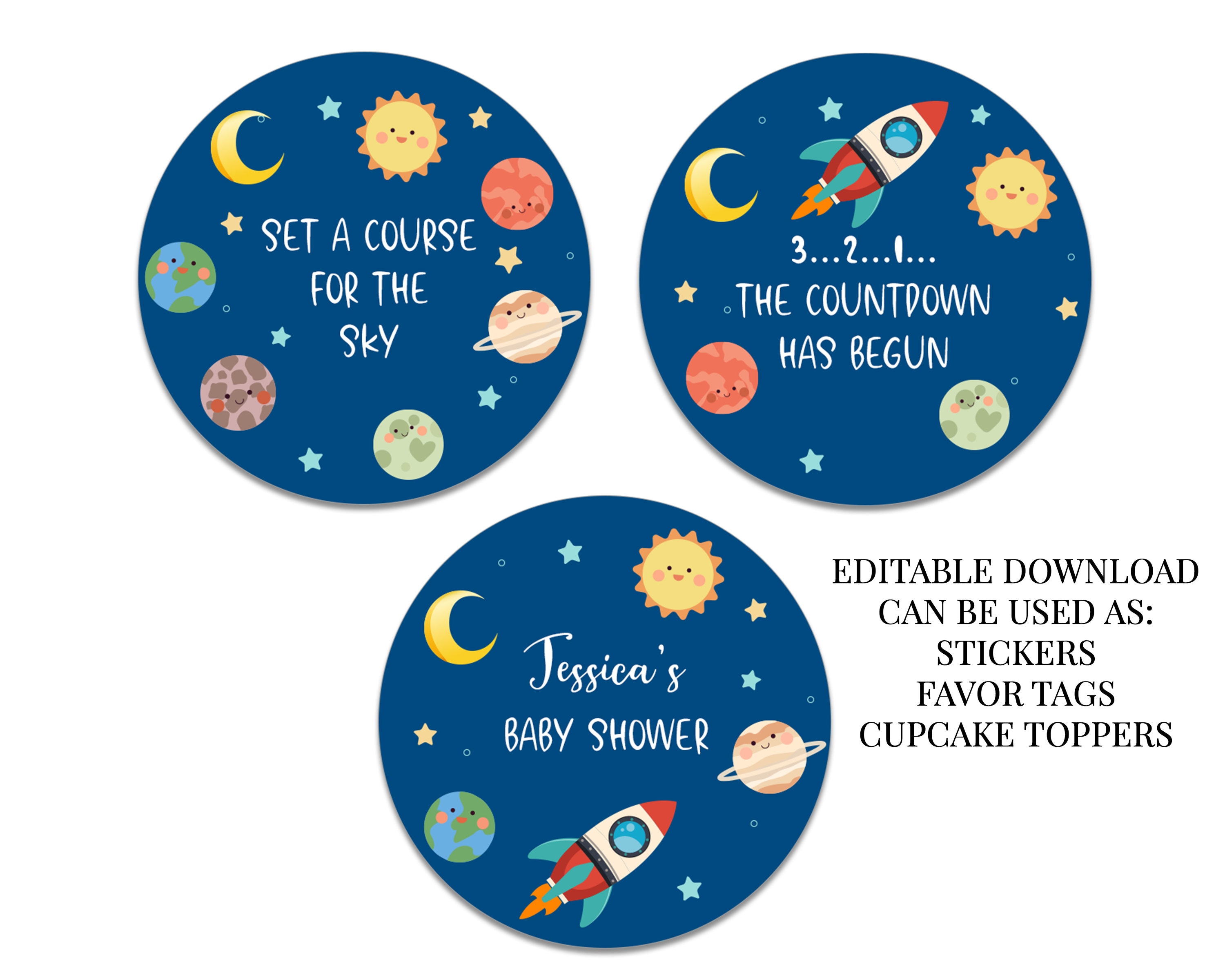 Space Baby Shower Cupcake Toppers Space Stickers Round Favor Tags ...