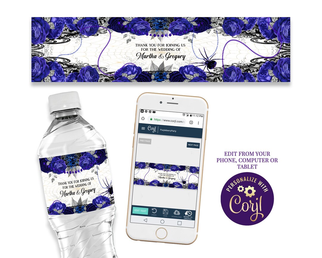 Editable Gothic Wedding Water Bottle Labels Royal Blue Gothic Wedding ...
