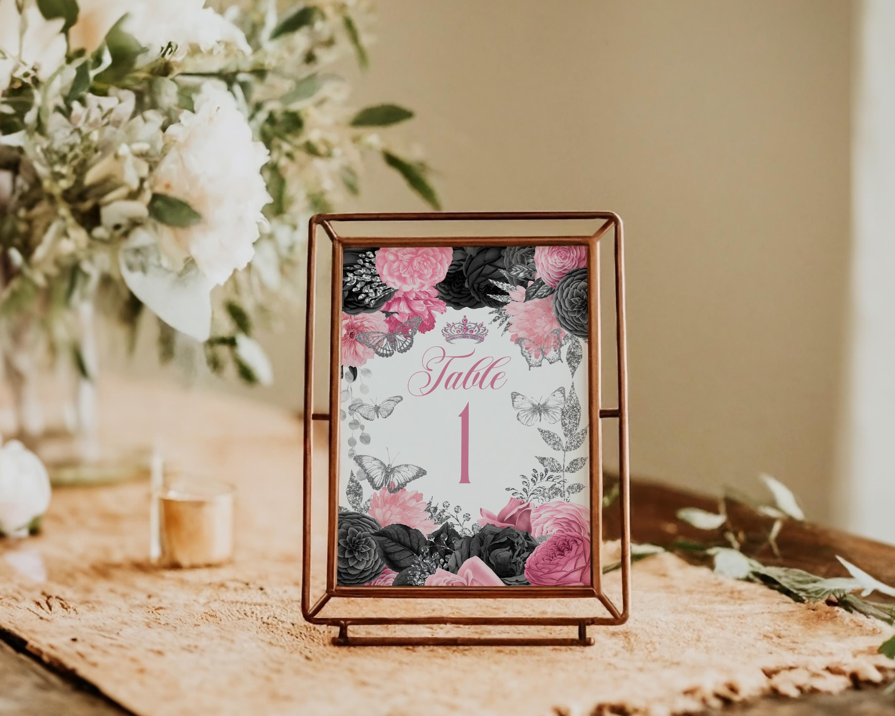 Editable Pink Black Quinceanera Table Numbers Pink Black Flowers Silver ...
