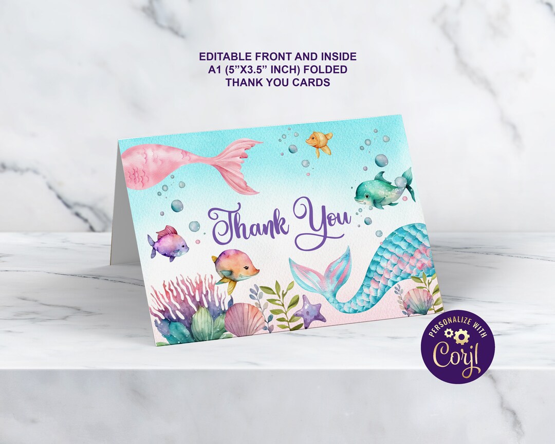 Mermaid Thank You Cards Editable Mermaid Notecards Under the Sea Thank ...