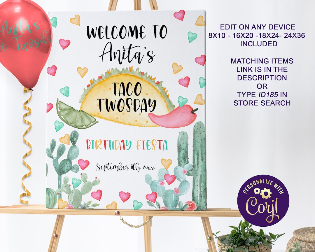 Editable Taco Twosday Welcome Signs, Taco Tuesday Birthday Party Sign ...
