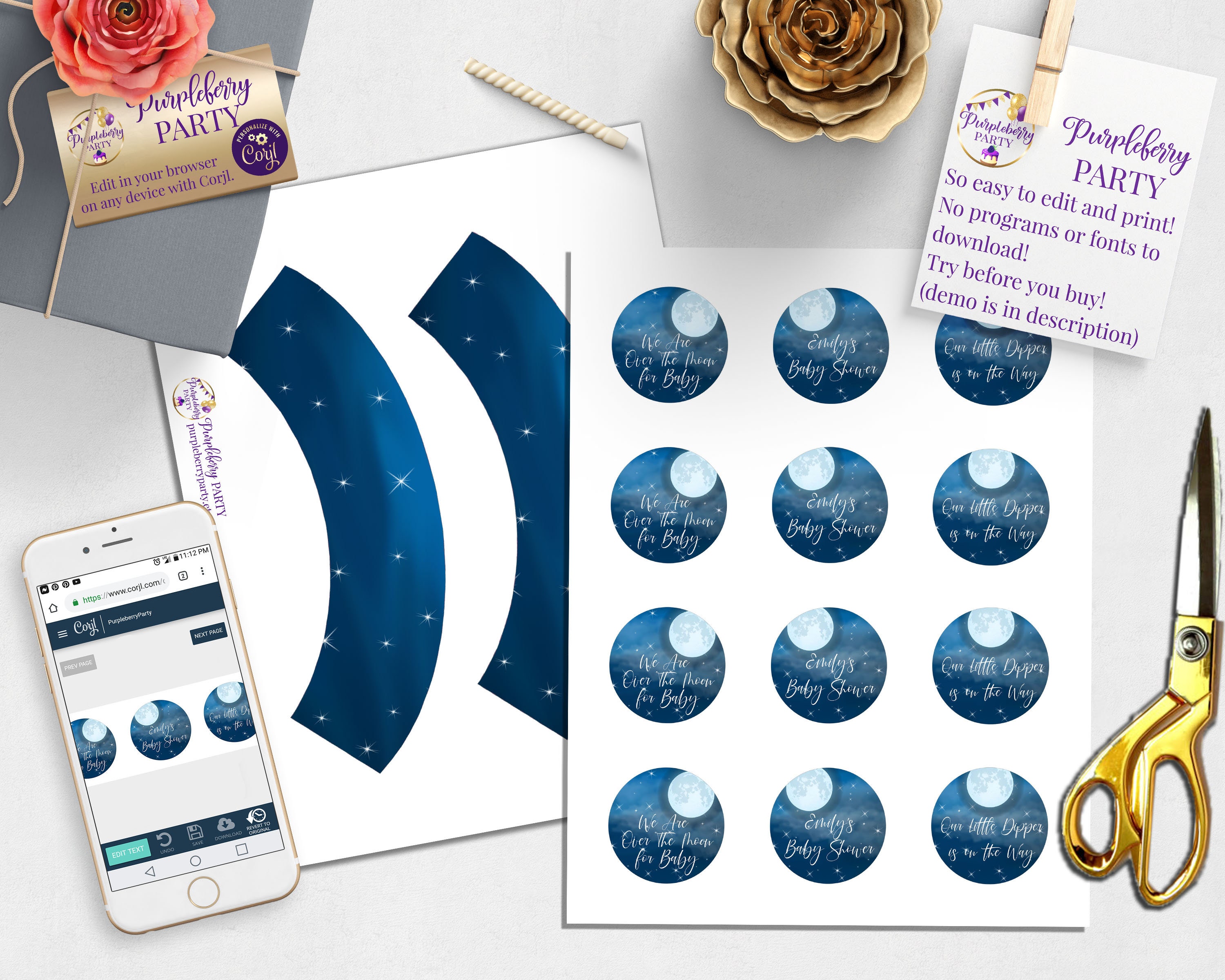 Moon and Star Cupcake Toppers and Cupcake Wrappers ID158 | Etsy