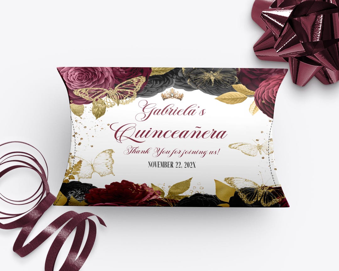 Editable Burgundy and Black Quinceanera Favor Box Flowers Gold ...