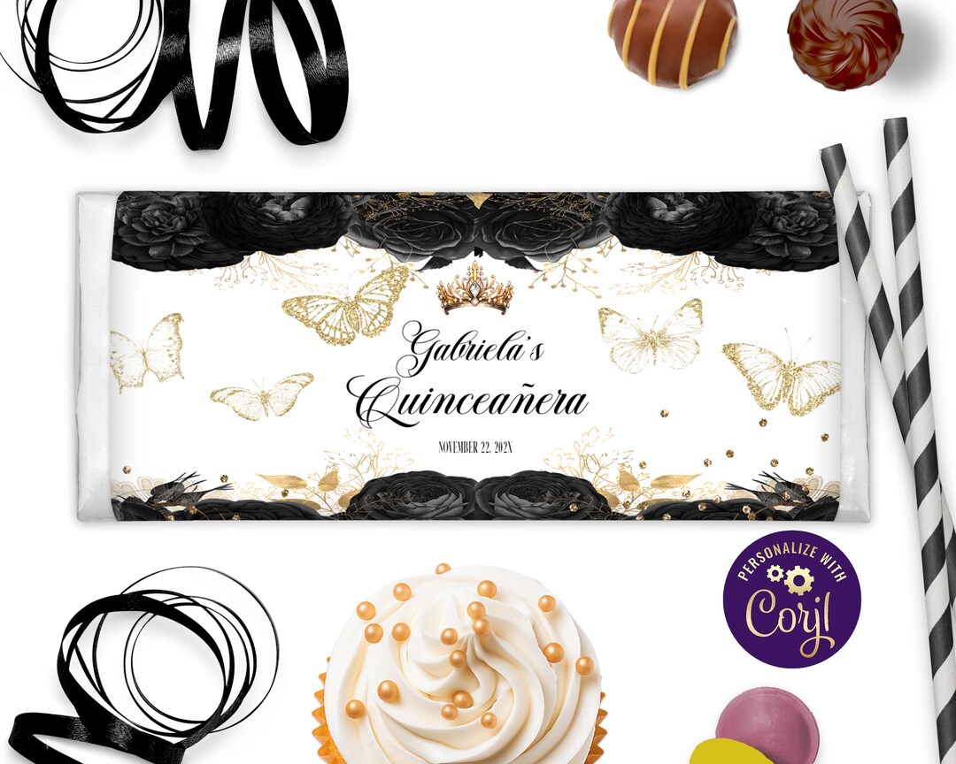 Black Gold Quince Chocolate Bar Wrappers Black Flowers Gold Butterflies ...
