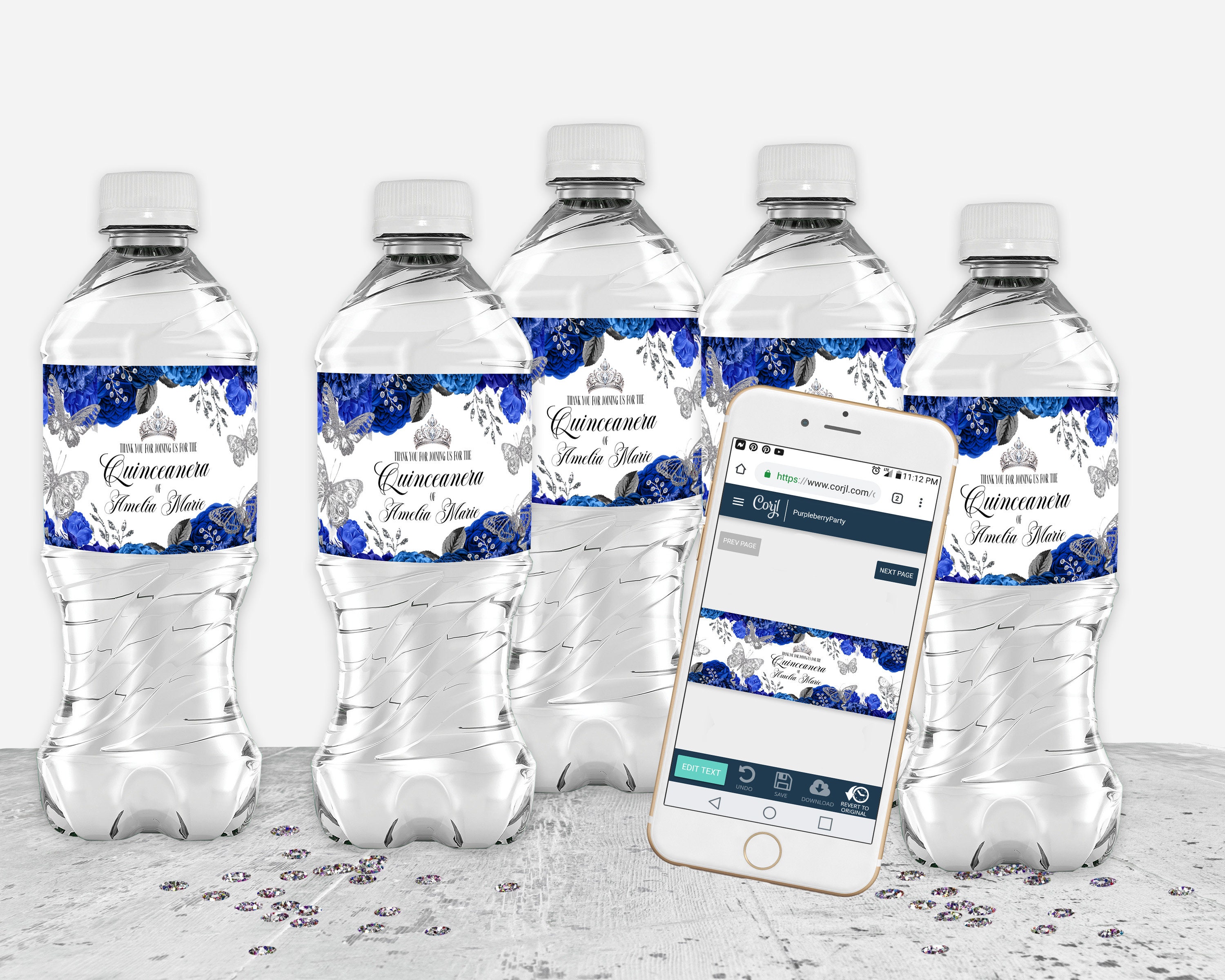 Royal Blue Quinceanera Water Bottle Labels Blue Roses and Silver ...