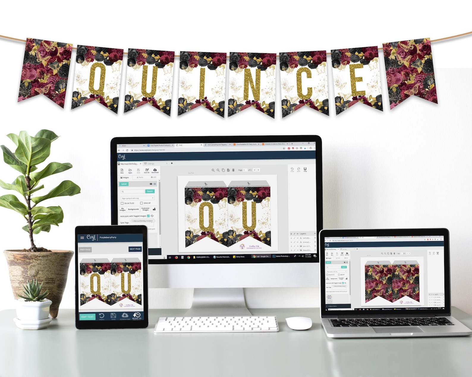 Editable Burgundy & Black Flowers Quinceanera Banner Gold Butterflies ...