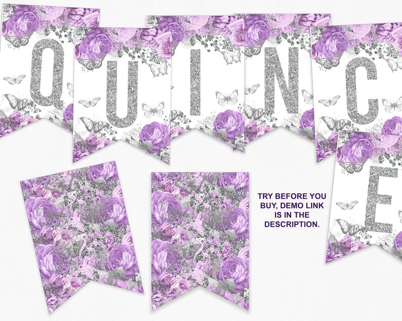 Editable Lilac Quinceanera Banner Lilac Flowers and Silver Butterflies ...
