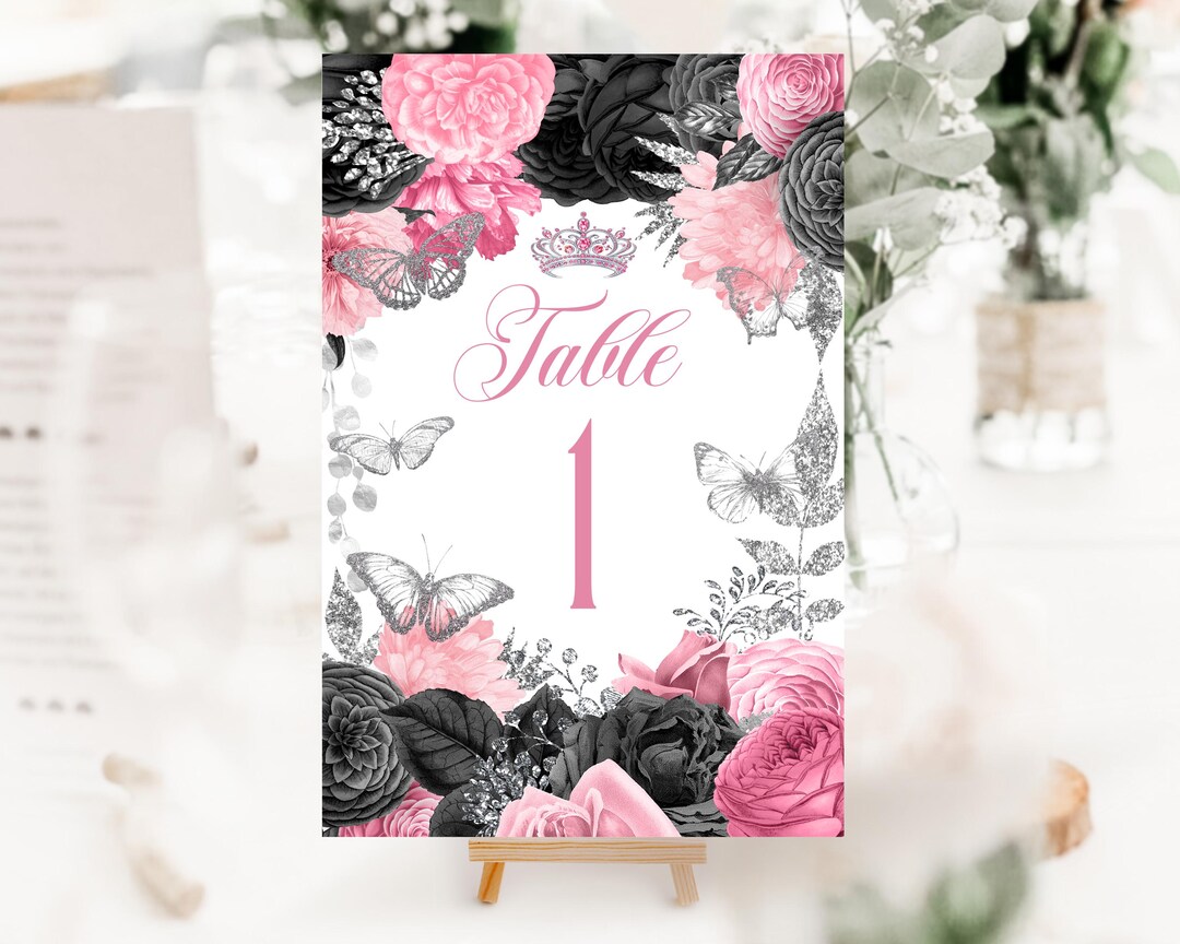 Editable Pink Black Quinceanera Table Numbers Pink Black Flowers Silver ...