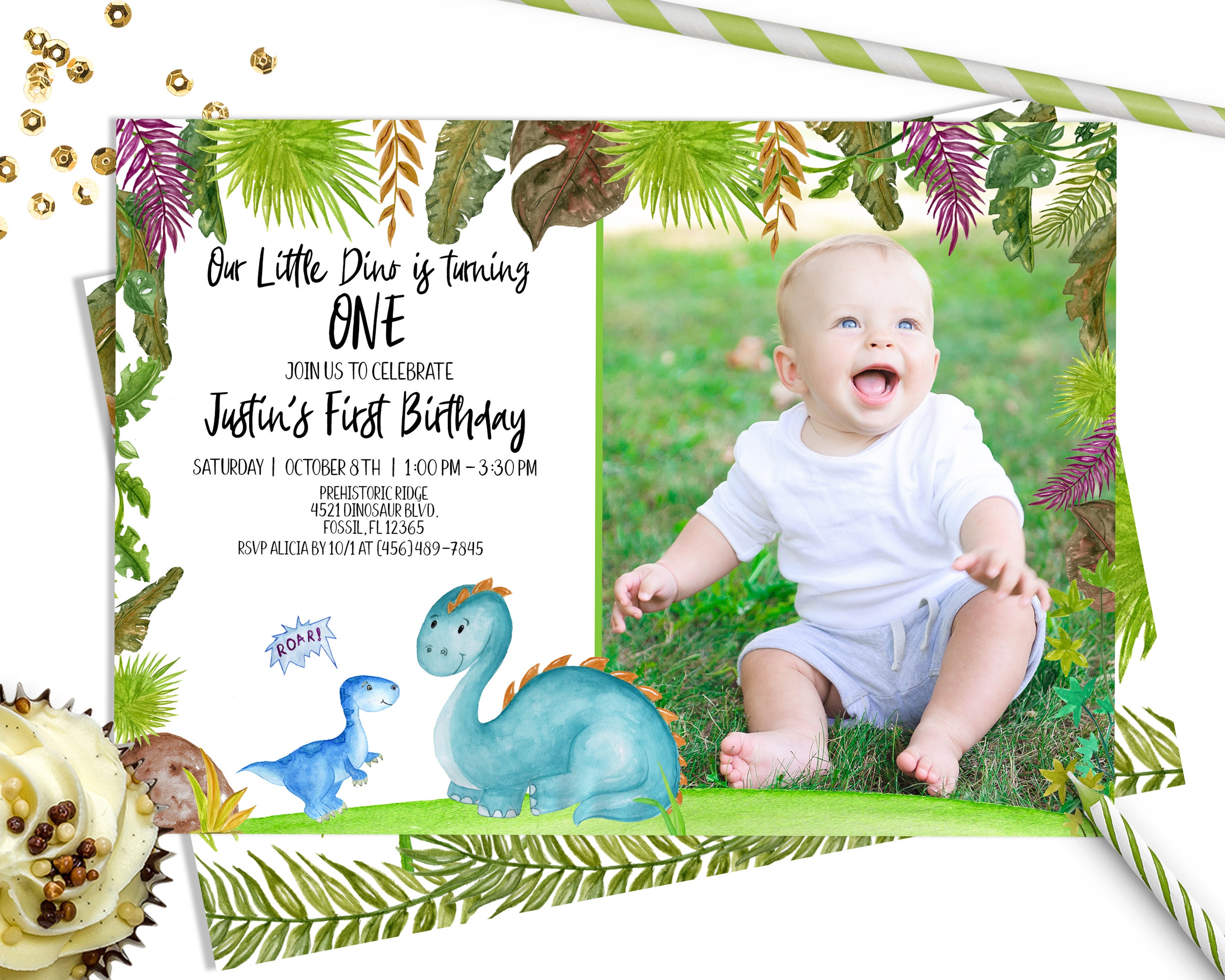 Dinosaur First Birthday Invitation, Dino Photo Invite, ID163 - Etsy