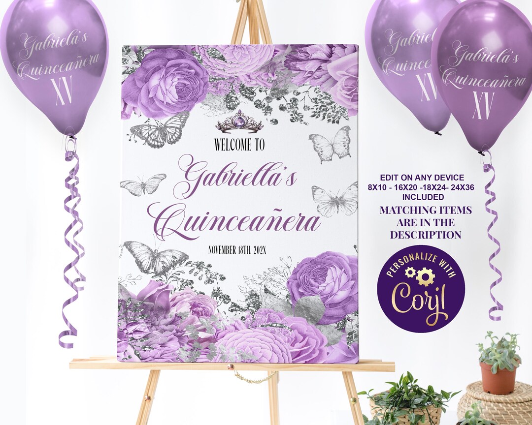 Editable Lilac Quinceanera Welcome Sign Lilac Purple Flowers and Silver ...