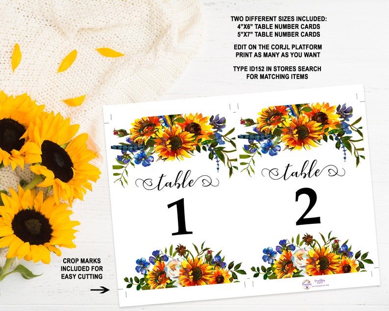 Editable Sunflower Table Numbers Sunflower Wedding Decor Printable ...