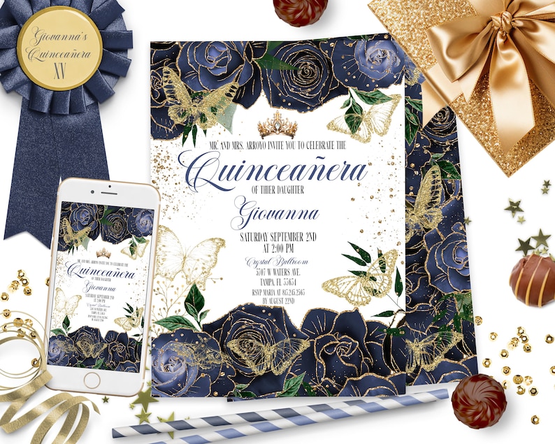 Navy Blue Quinceanera Invitation Blue Flowers and Gold Butterflies ...