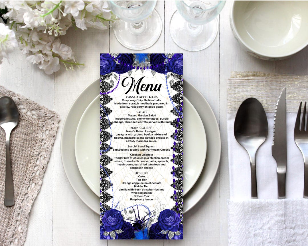 Editable Gothic Wedding Menu Template Blue Goth Wedding Theme Menu ...