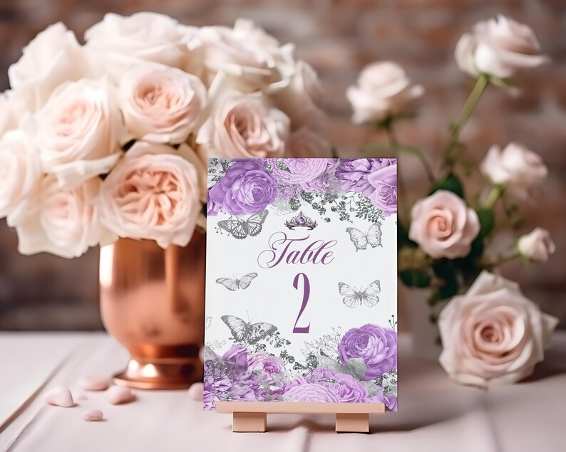 Editable Lilac Quinceanera Table Numbers Lilac Flowers and Silver ...