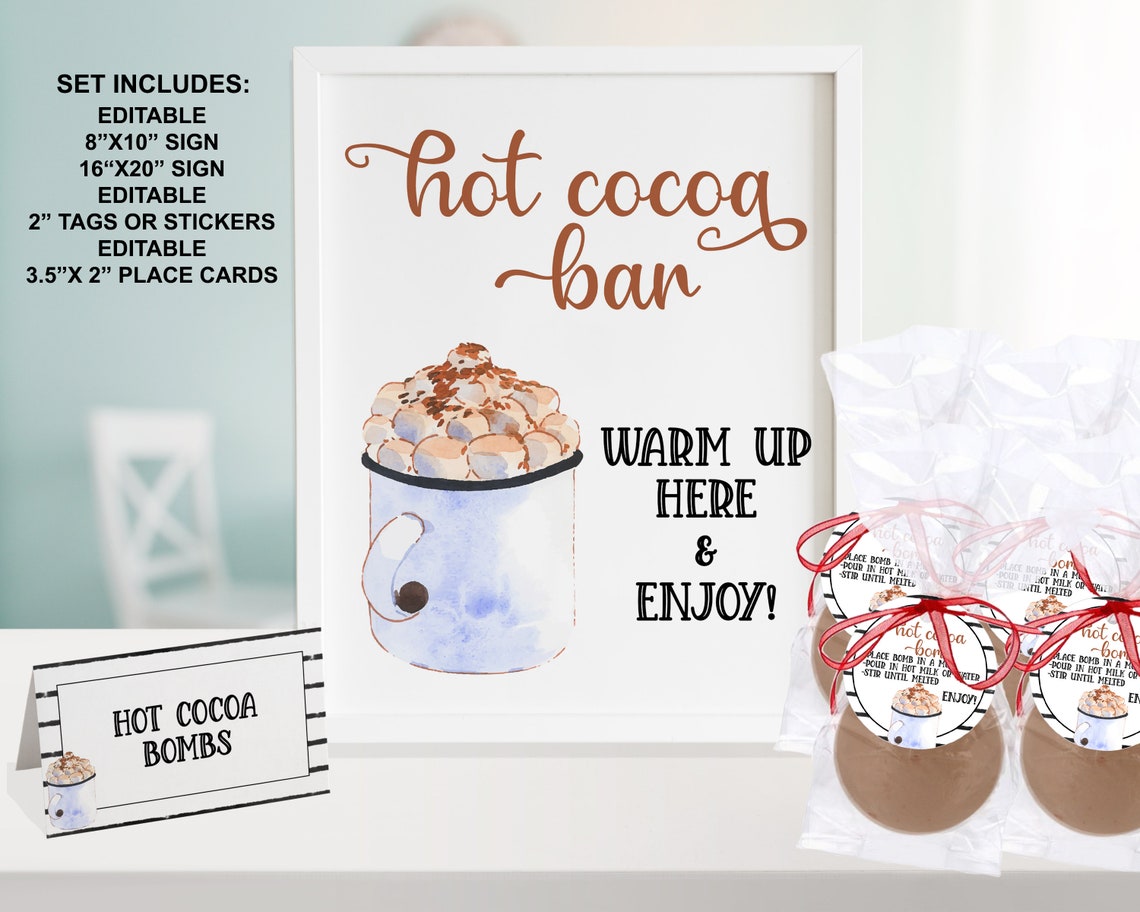 Editable Hot Cocoa Bar Sign and Hot Cocoa Bomb Tags Set Hot Chocolate ...