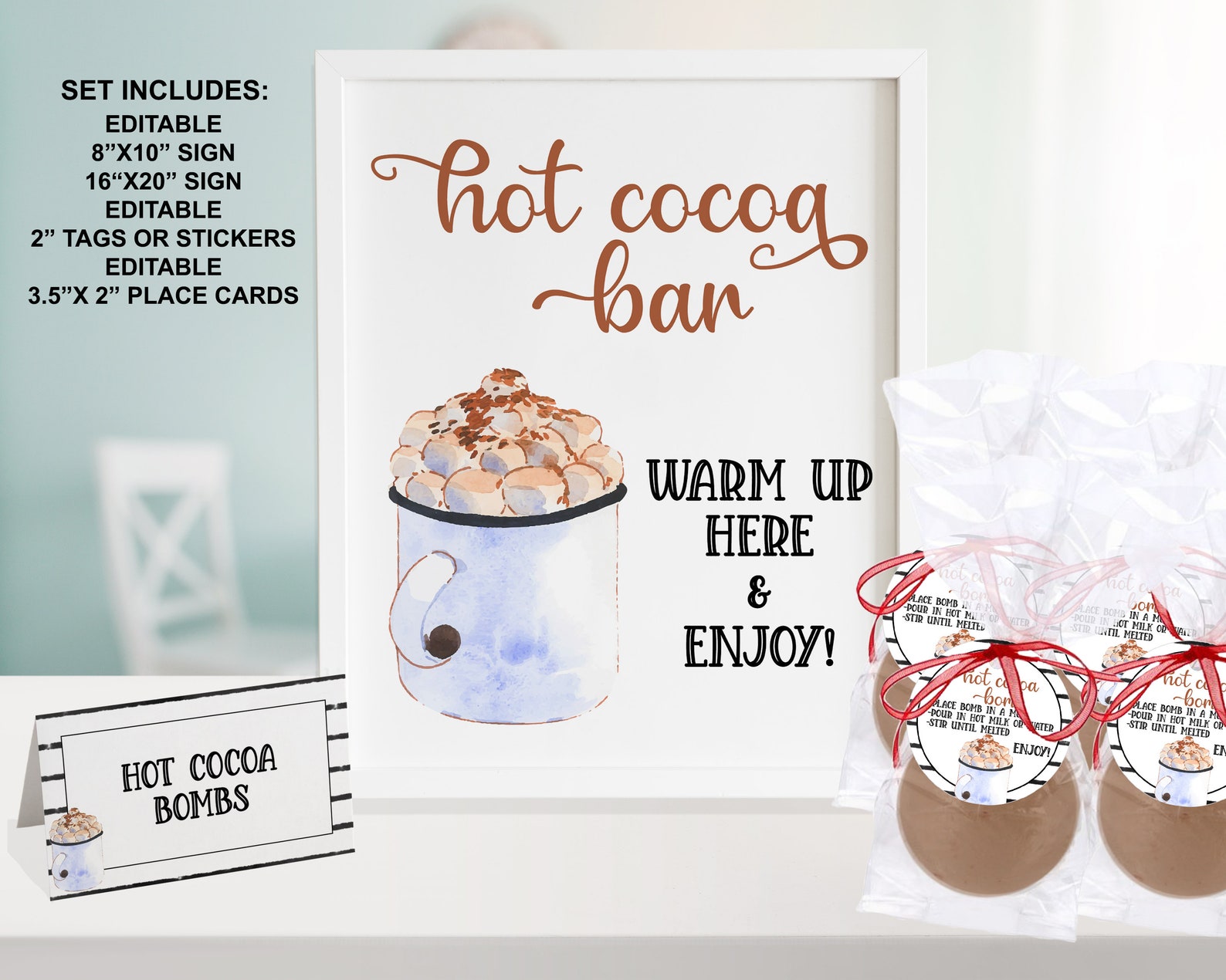 Editable Hot Cocoa Bar Sign and Hot Cocoa Bomb Tags Set Hot | Etsy