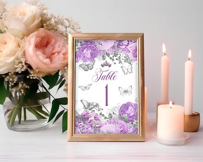 Editable Lilac Quinceanera Table Numbers Lilac Flowers and Silver ...