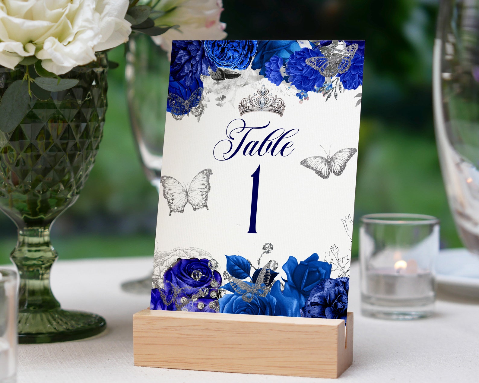 Royal Blue Quinceanera Table Numbers Blue Floral Roses and Silver ...
