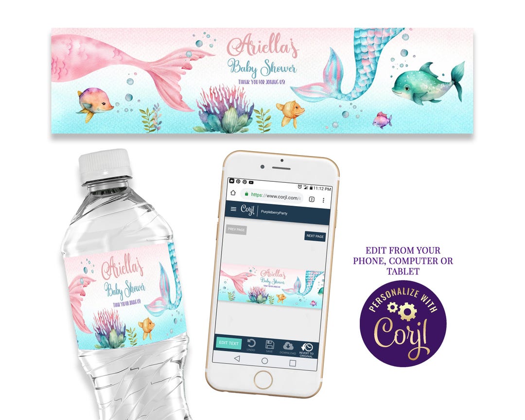 Editable Mermaid Bottled Water Labels Mermaid 1st Birthday Party 5th ...