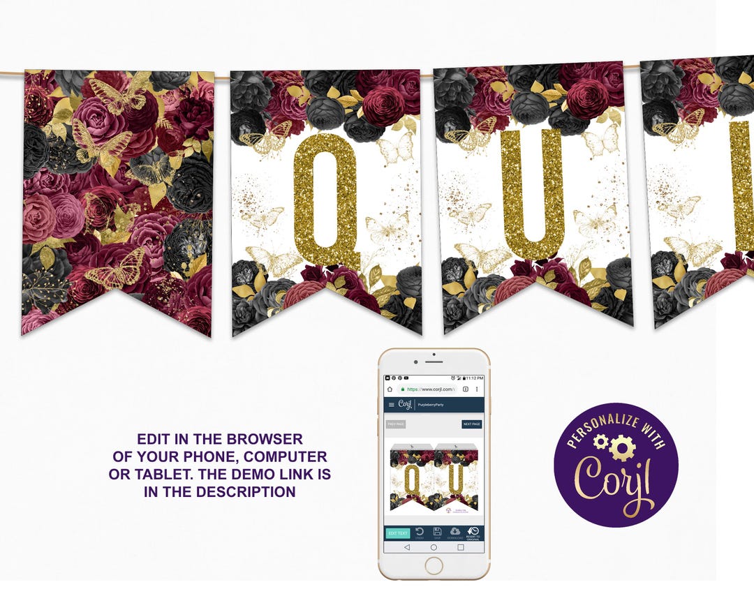 Editable Burgundy & Black Flowers Quinceanera Banner Gold Butterflies ...