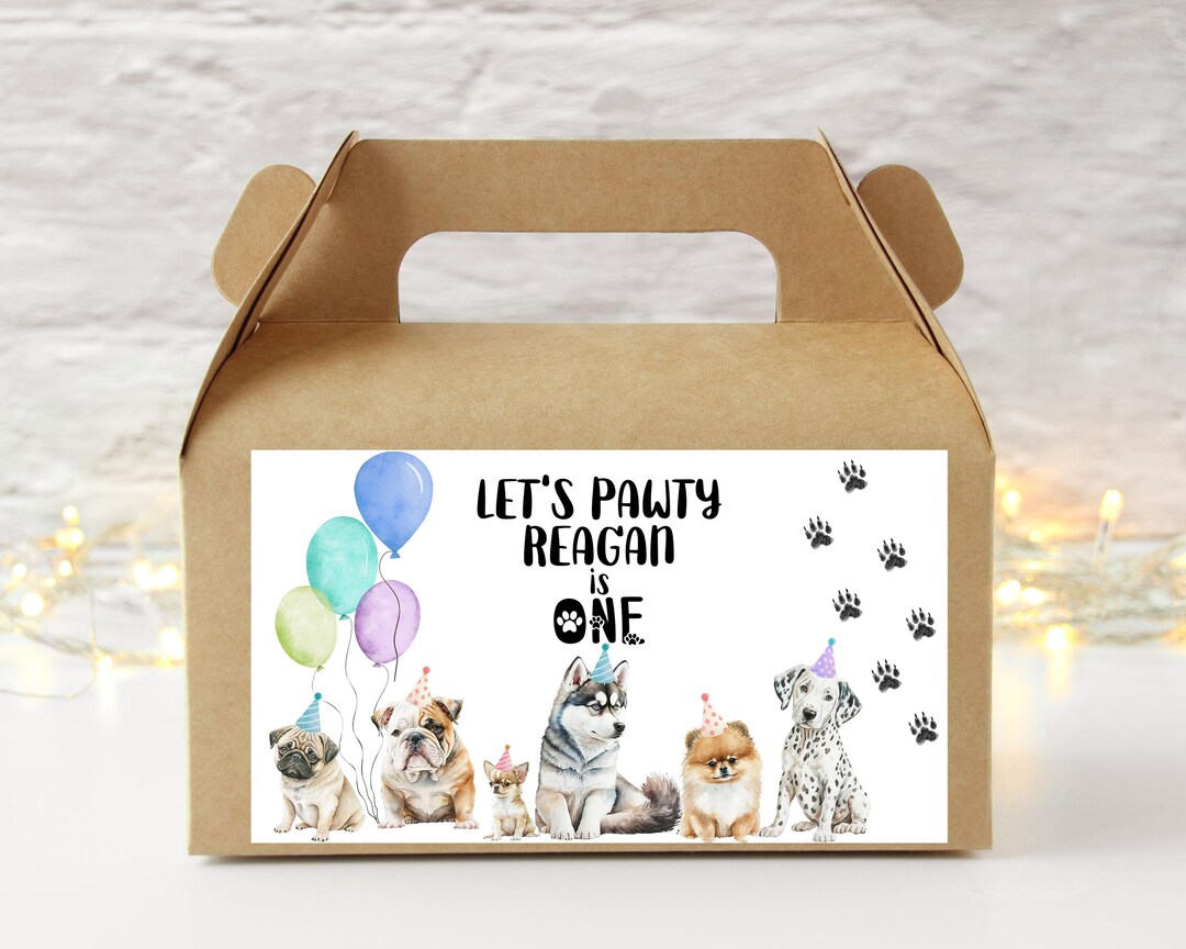 Let's Pawty First Birthday Editable Gable Box Labels Puppy 1st Birthday ...