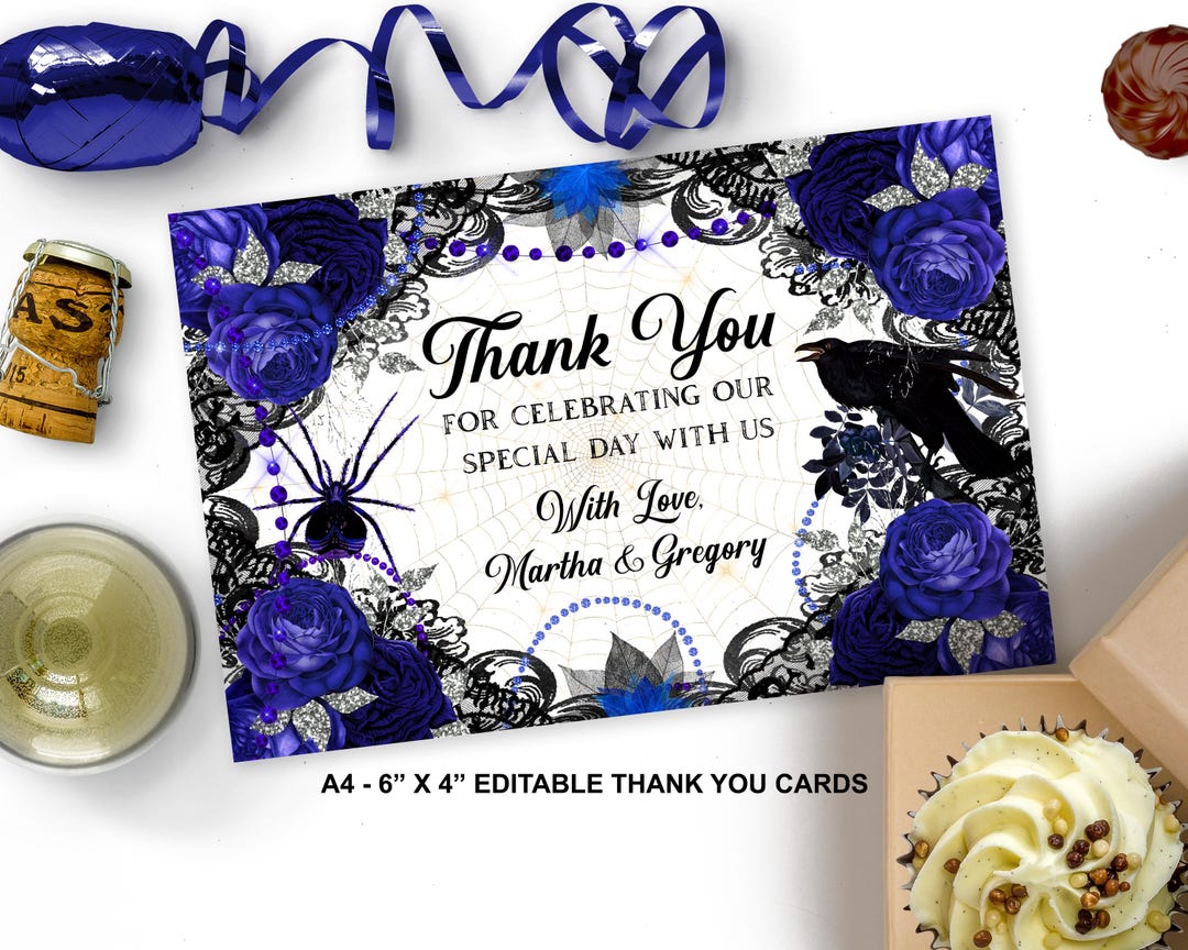 Editable Blue Gothic Wedding Thank You Cards Goth Wedding Gratitude ...
