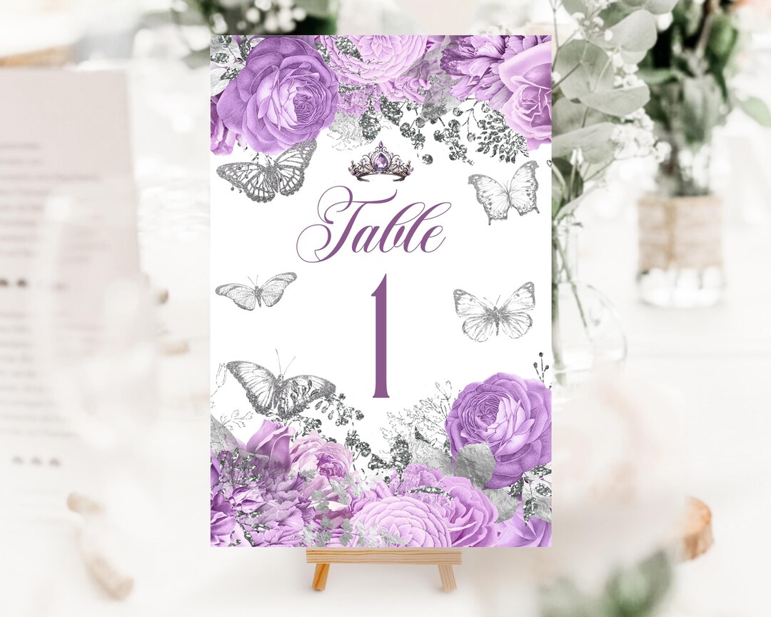Editable Lilac Quinceanera Table Numbers Lilac Flowers and Silver ...