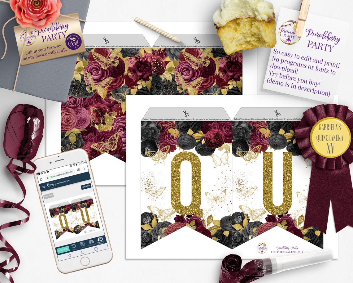 Editable Burgundy & Black Flowers Quinceanera Banner Gold Butterflies ...