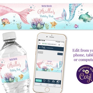 Editable Mermaid Bottled Water Labels Mermaid 1st Birthday Party 5th ...