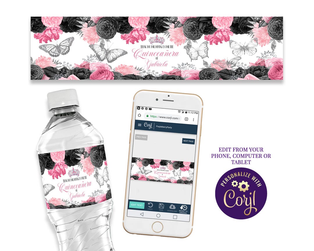 Black and Pink Floral Quinceanera Water Bottle With Silver Butterflies ...