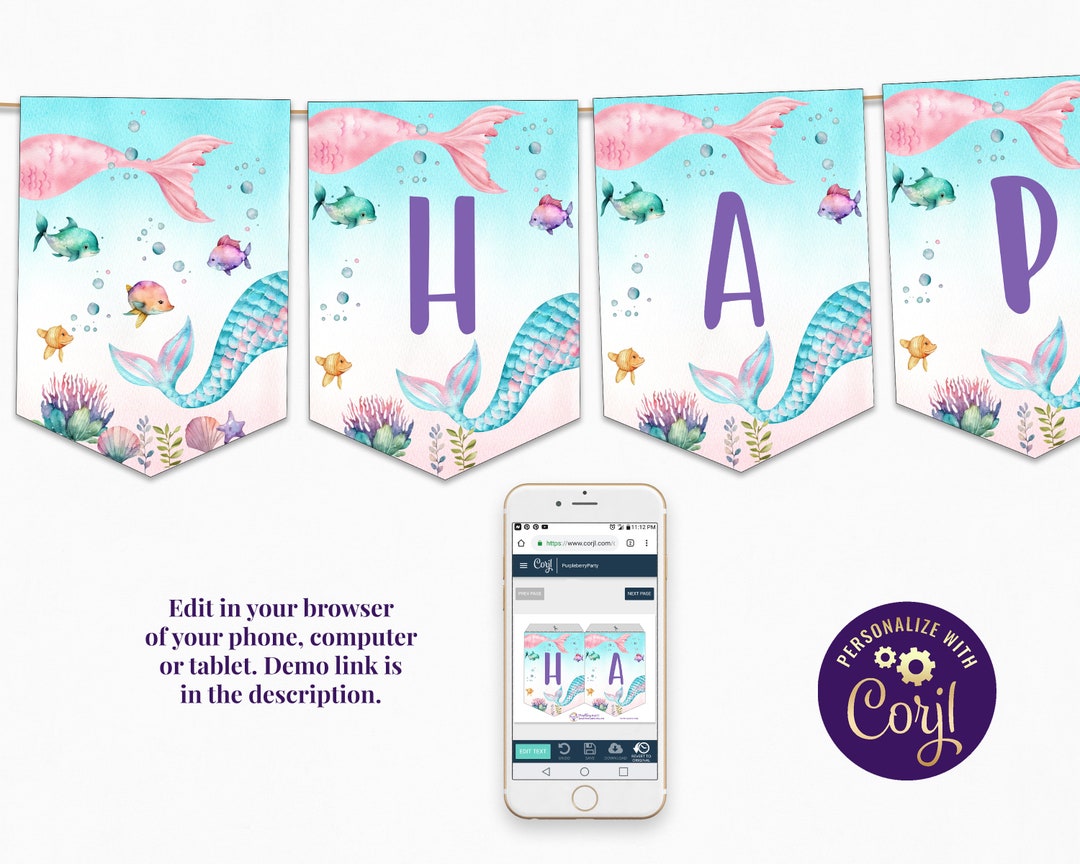 Editable Mermaid 1st Birthday Banner Customized Mermaid 5th Birthday ...