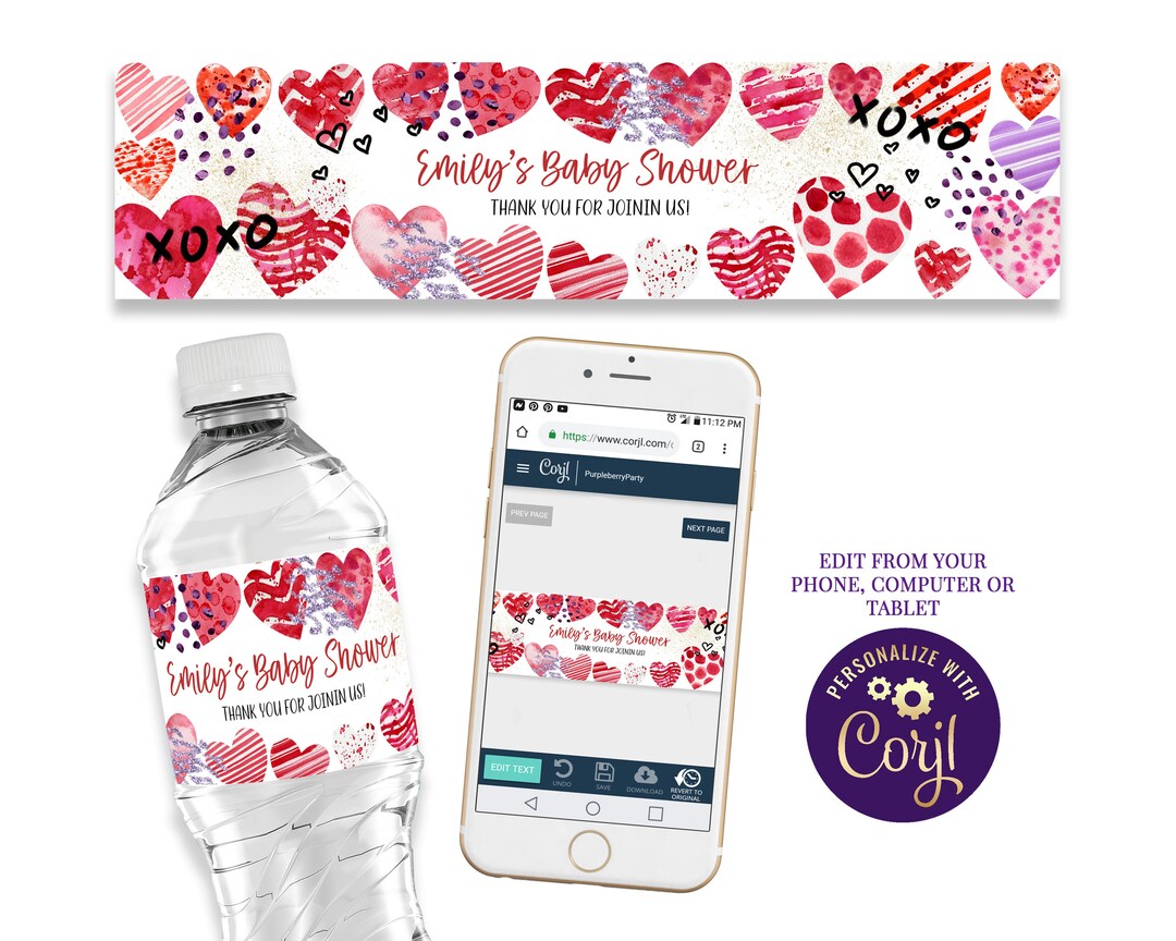 Editable Valentines Day Water Bottle Labels Watercolor Hearts Baby ...